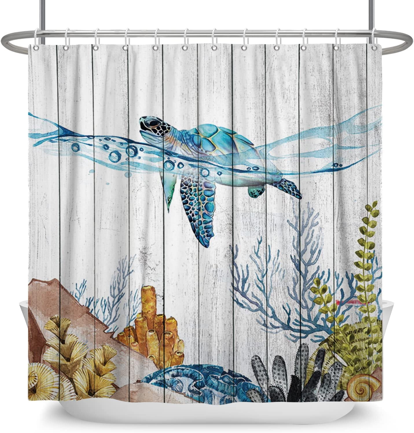 Nautical Sea Turtle Shower Curtain Ocean Theme Tropical Fish Coral ...