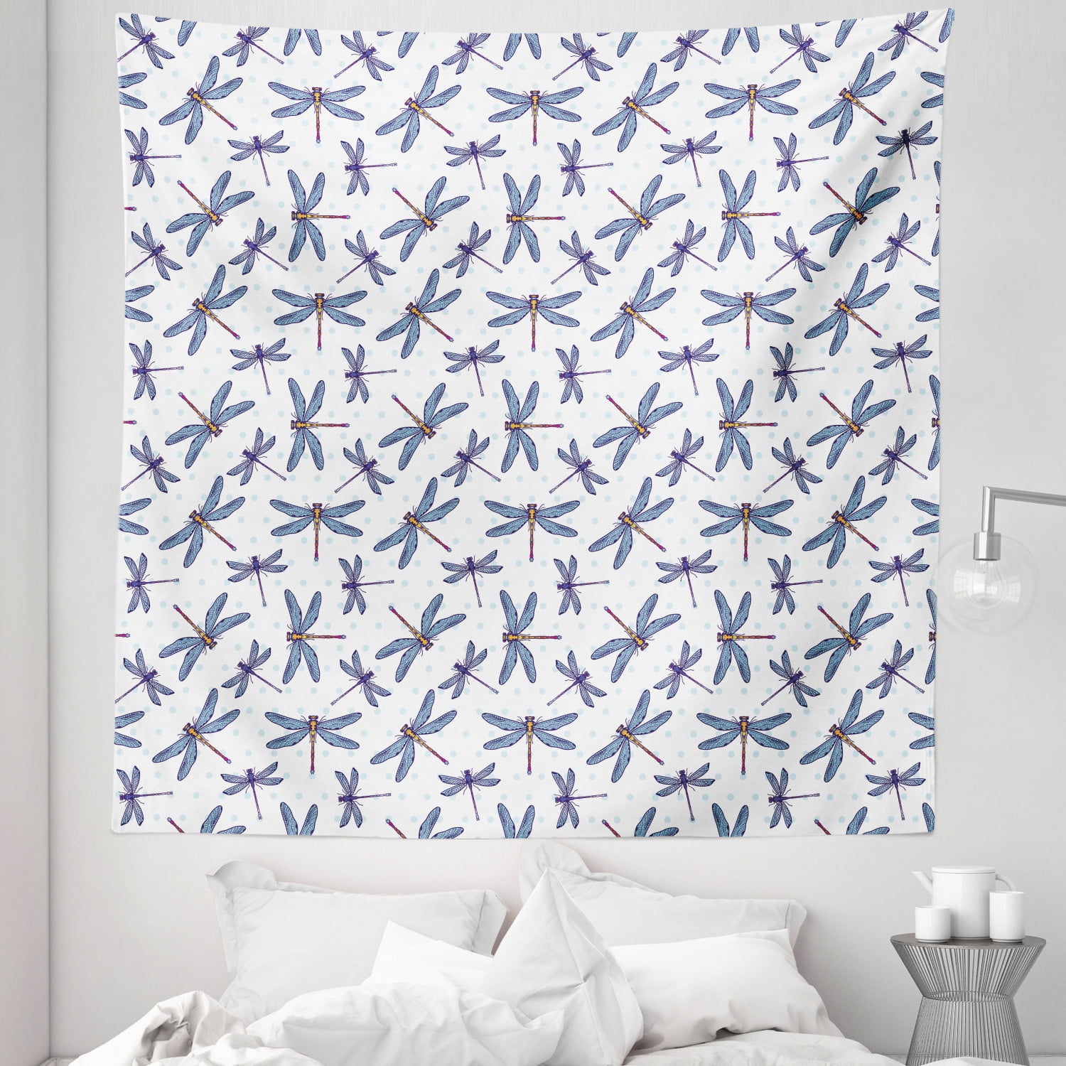 Dragonfly Tapestry, Hand Drawn Bugs Pattern on Pale Blue Dotted ...