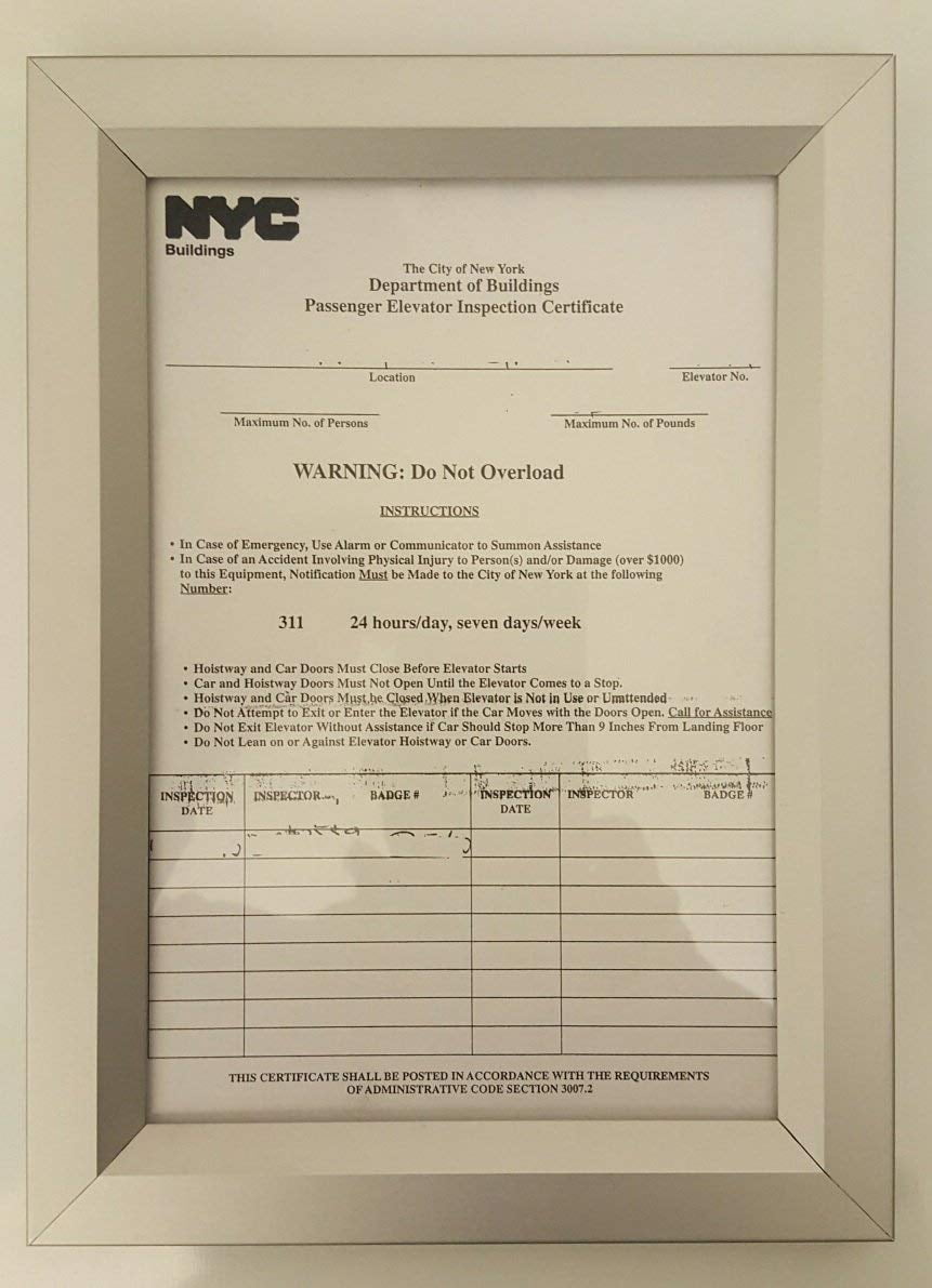 Elevator Inspection Certificate Frame 6" X 9" ( Heavy Duty - Aluminum ...