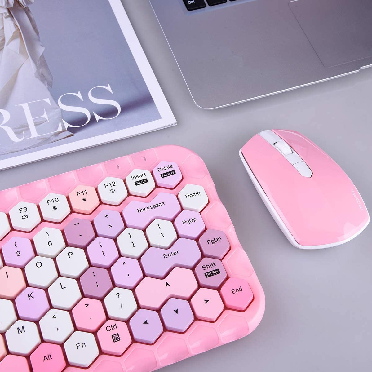 Wireless Keyboard and Mouse Combo, Cute Keycaps Keyboard with Hexagonal ...