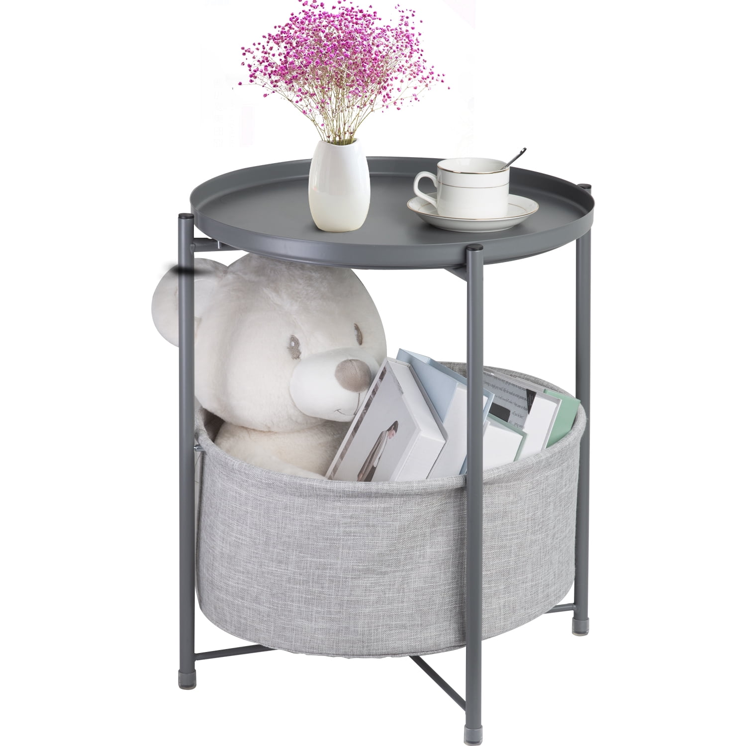 Round Sofa Side Table End Table with Storage Fabric Basket for Living ...