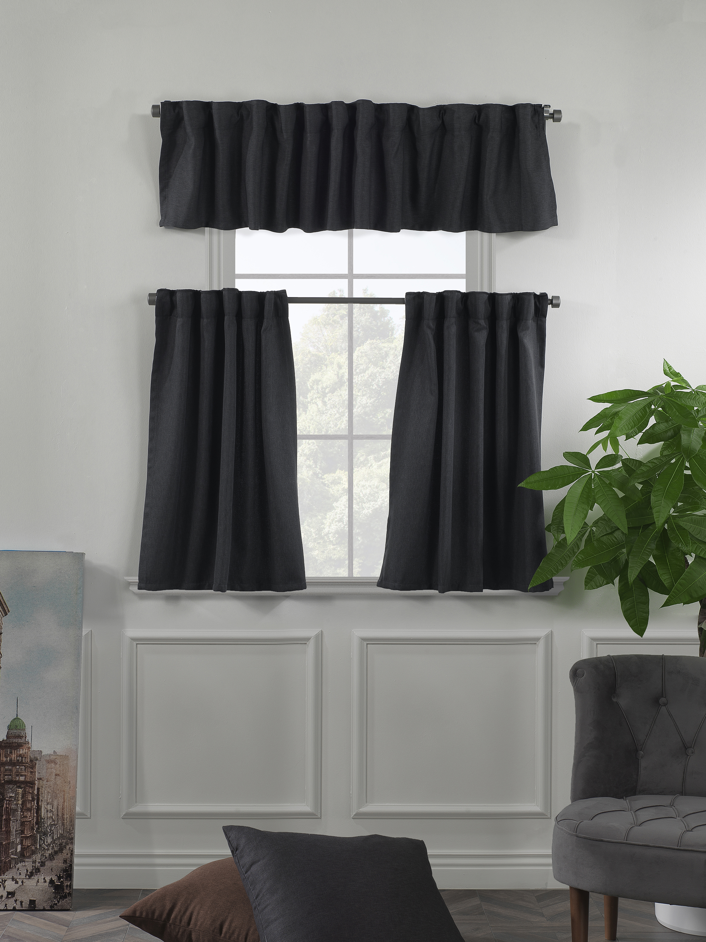 3S Brother's Solid Linen Look Curtains Drapes Kitchen Valance Set of 3 Hanging Rod Pocket Window ...