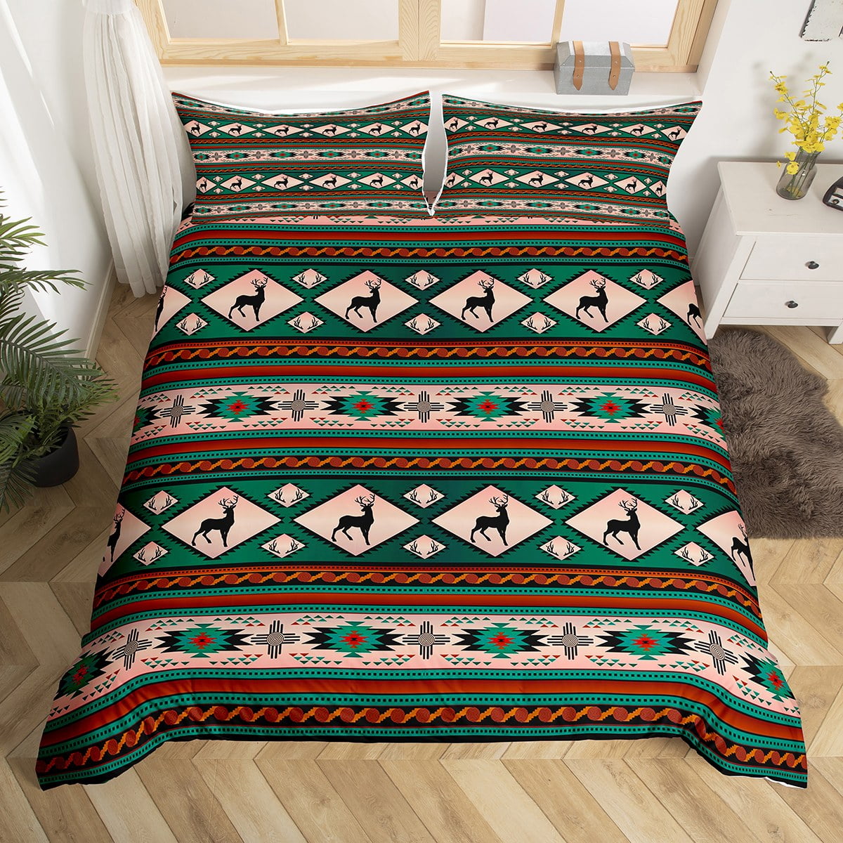 Teal Red Aztec Duvet Cover Full Rustic African Tribal Elk Moose Bedding ...