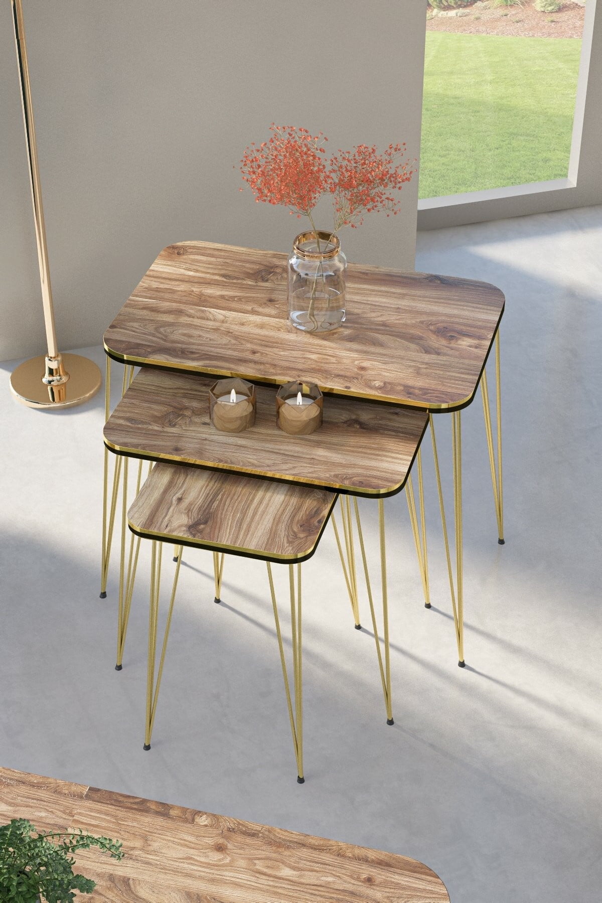 Walnut Nesting Coffee Table with Gold 3-Rod Metal Legs,Rectangular Set ...