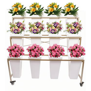 3 Layers Gold Flower Plant Display Stand with Wheels 12pcs Plastic ...