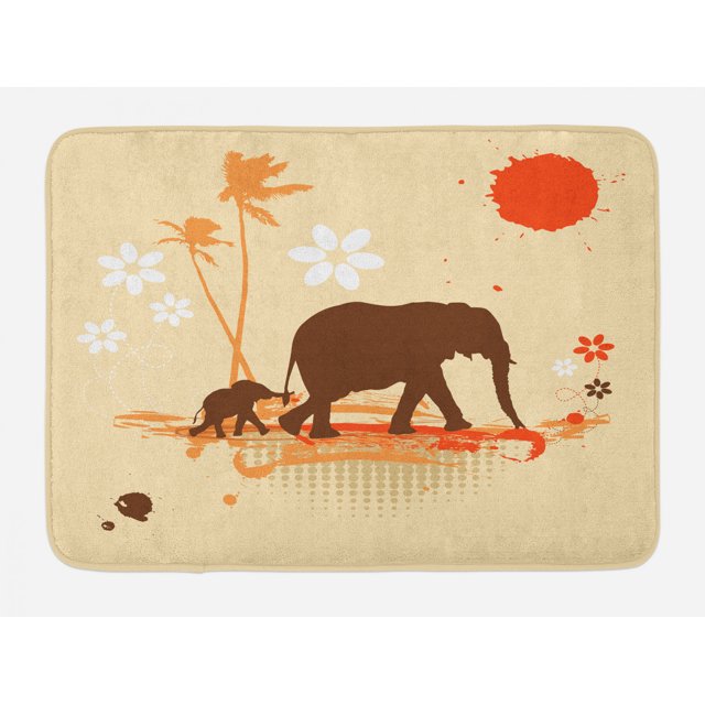 Elephant Bath Mat, Mother Baby Elephants in Tropical Lands Desert ...
