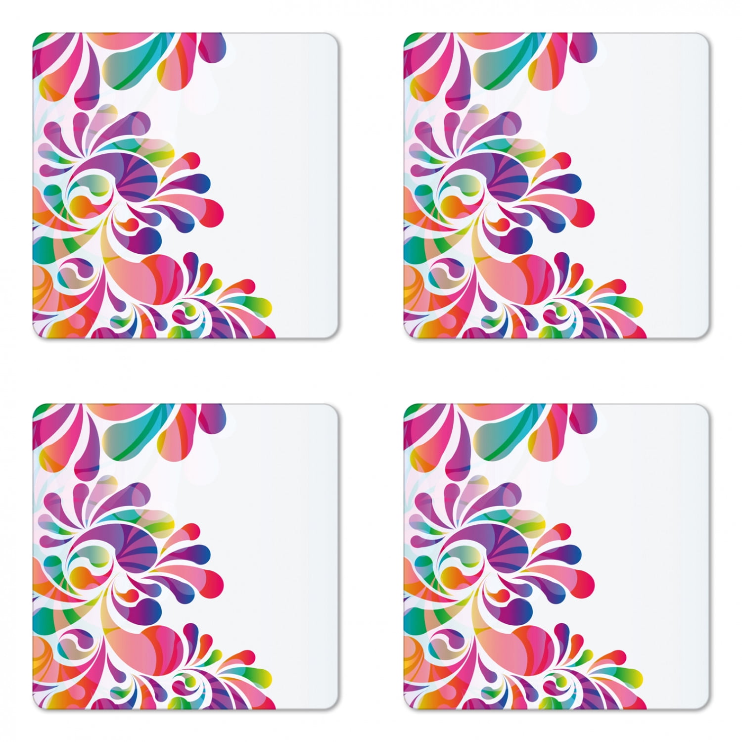 Rainbow Coaster Set of 4, Floral Themed Design Curvy Colorful ...