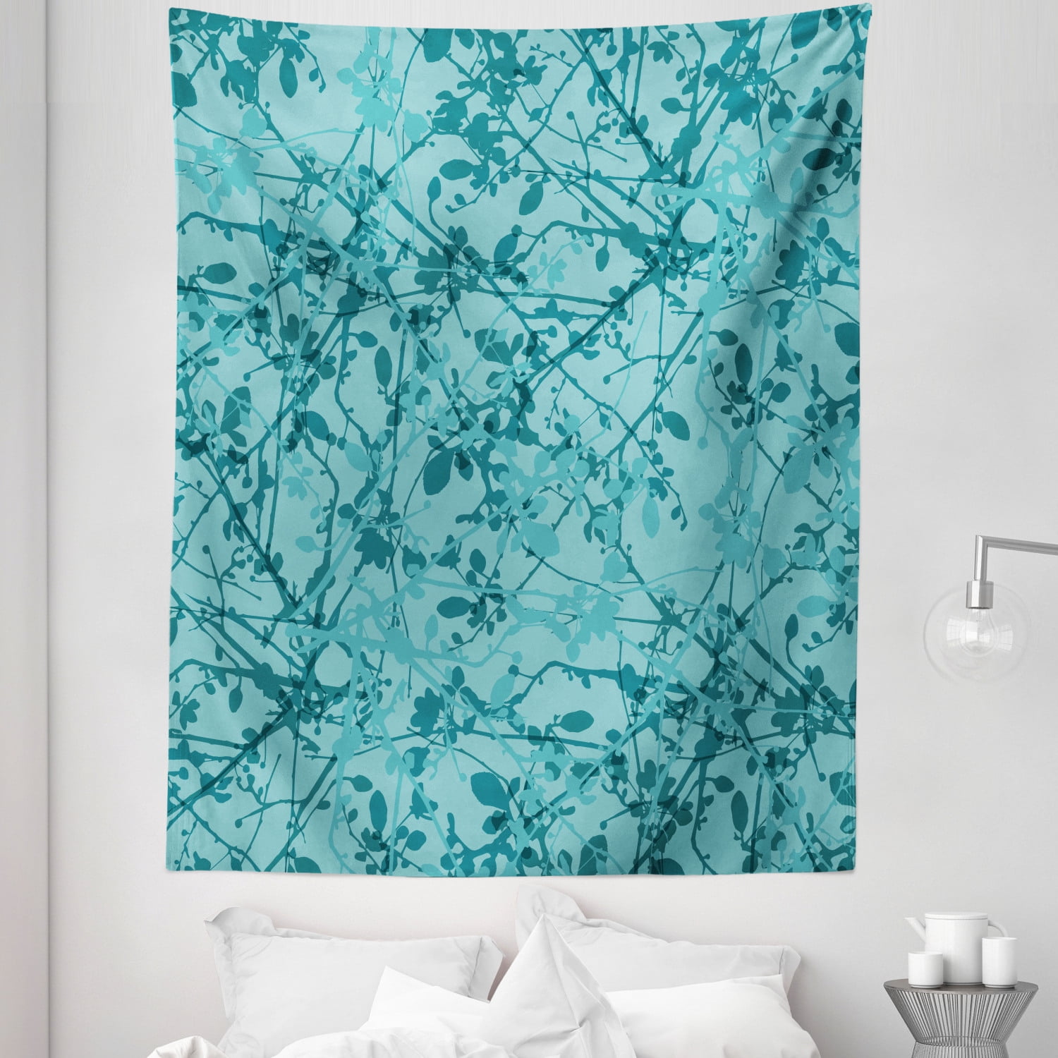 Teal Tapestry, Ink Drawing Inspired Intertwined Tree Branches Buds and ...