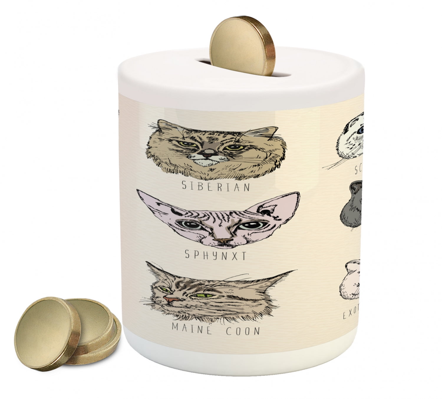 Indie Piggy Bank, Different Breeds Cat Portraits in Doodle Style and ...