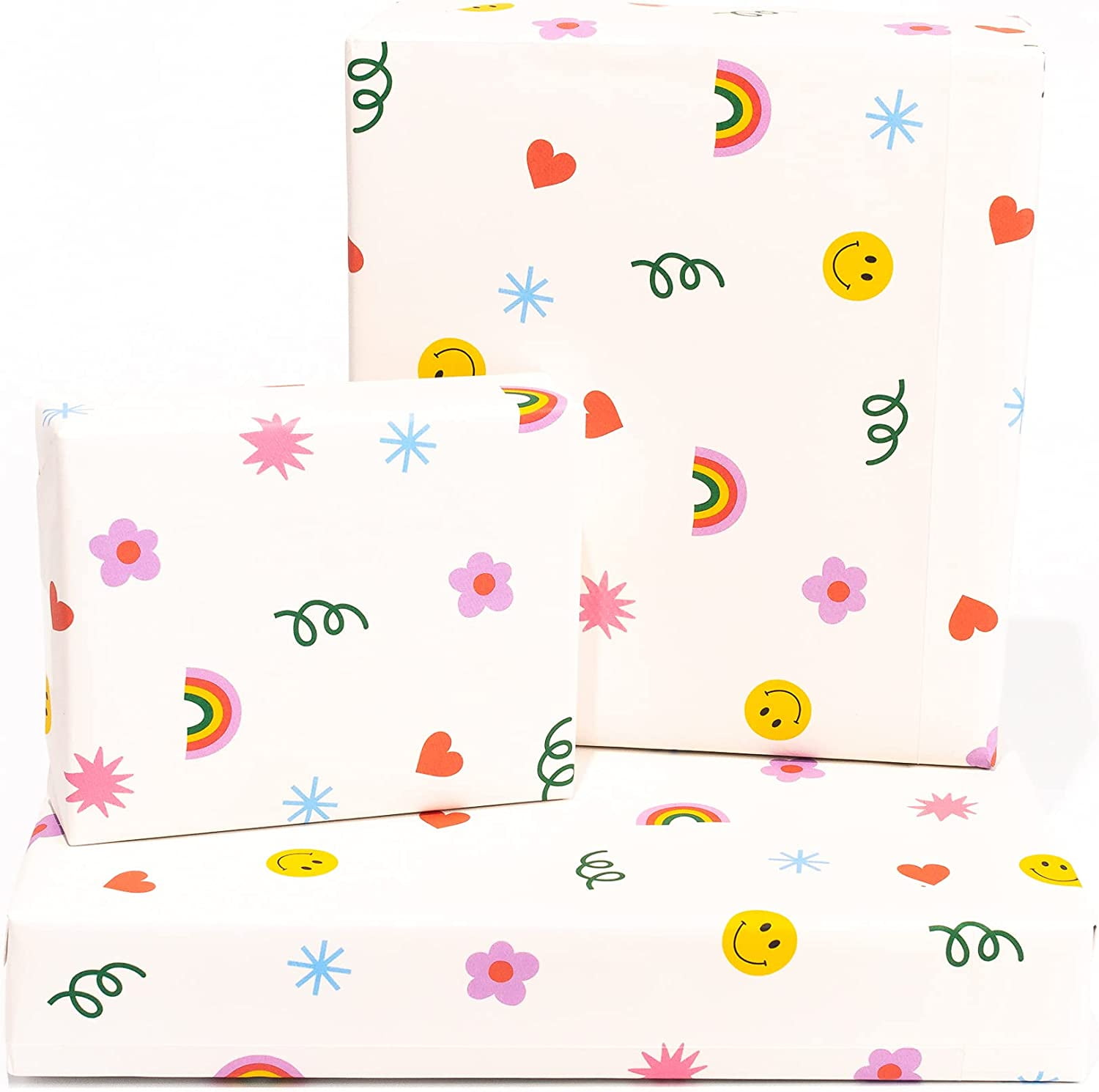 Cute Wrapping Paper - 6 Sheets of Birthday Gift Wrap - Rainbows Smileys ...