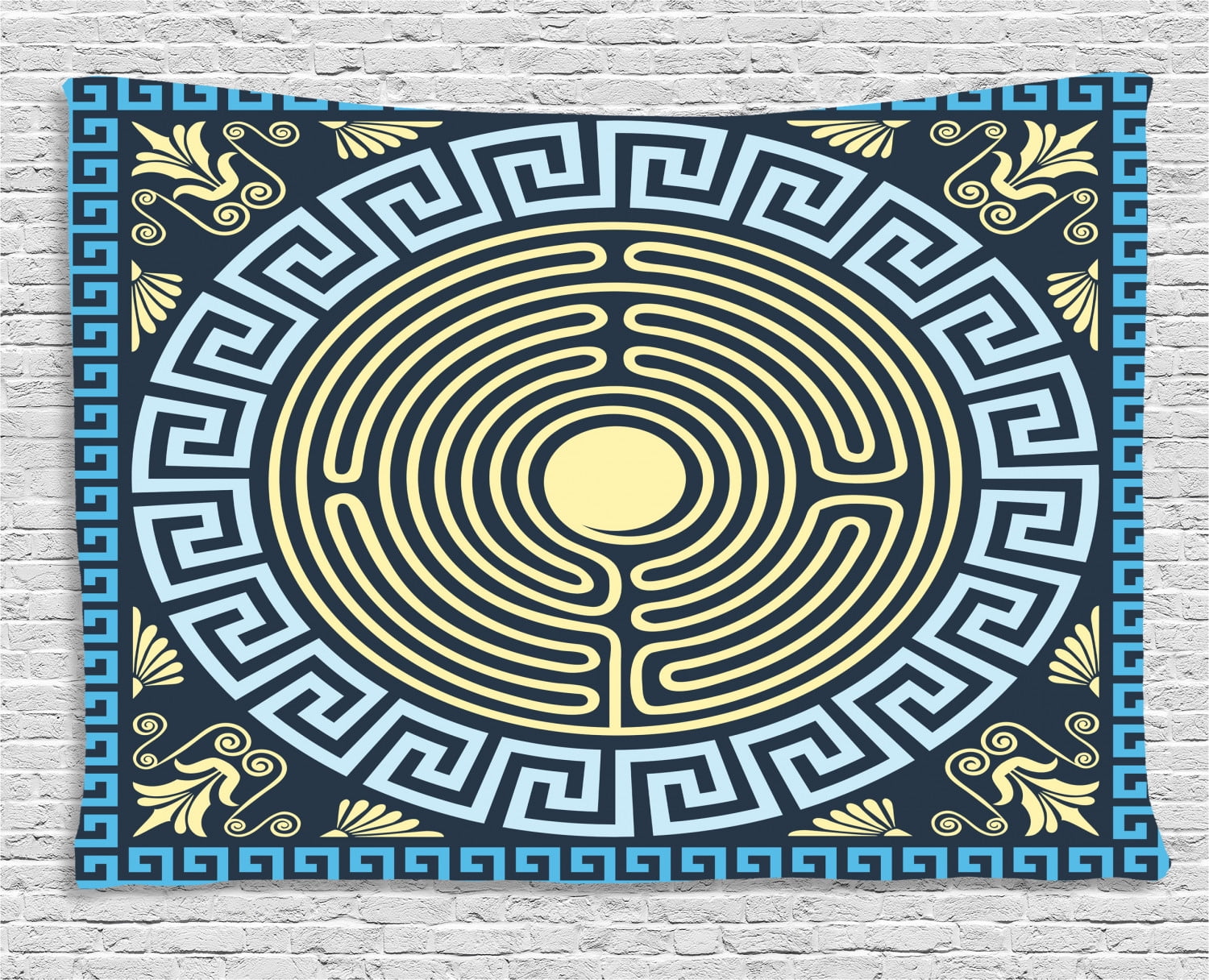 Greek Key Tapestry, Yellow and Blue Labyrinth Pattern from Ancient ...