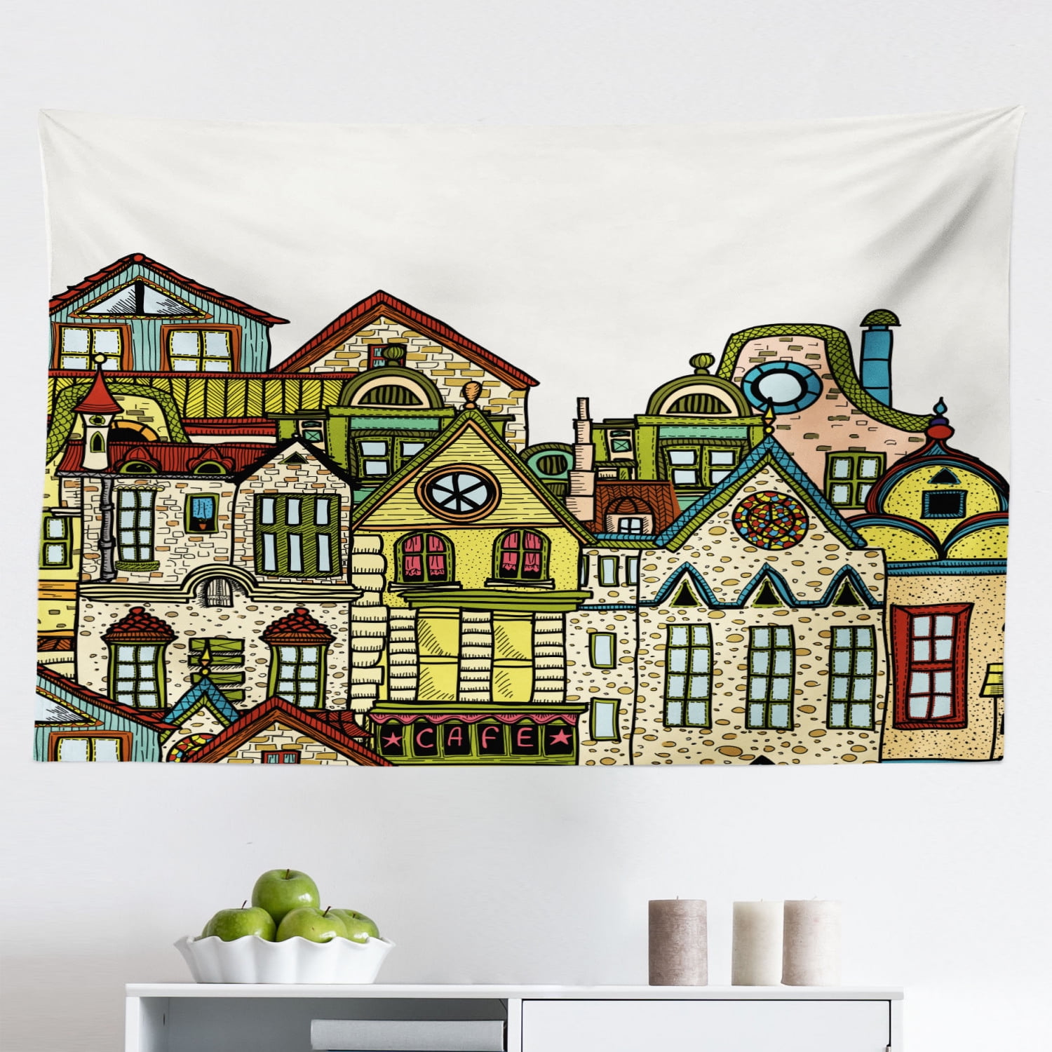Cityscape Tapestry, Autumn Season Cityscape European Town Street Hand ...
