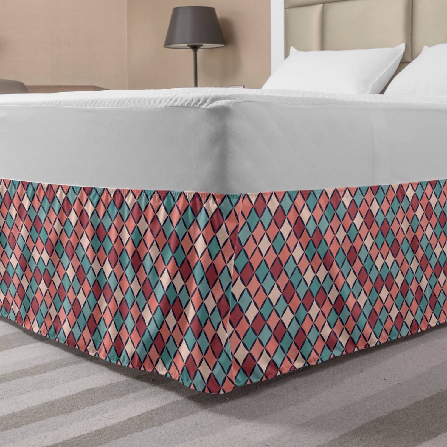 Geometric Bed Skirt, Retro Style Checkered Pattern Hipster Mosaic Boho ...