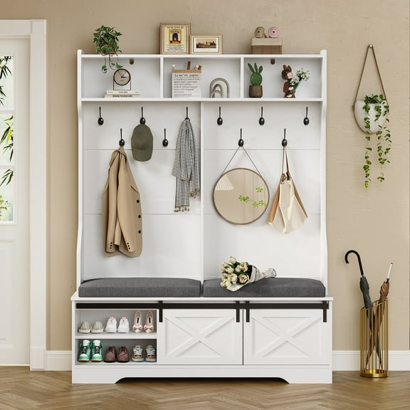 JERFIT 48" White Entryway Storage Bench with Lift Top Seat, Solid Wood ...