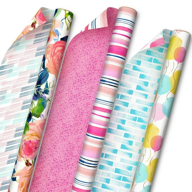 Hallmark Reversible Wrapping Paper Roll Bundle, Peach & Purple Flowers ...