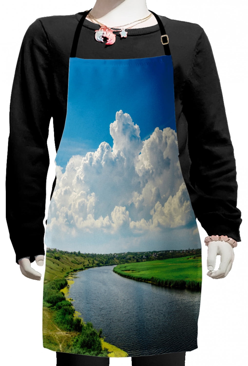 Nature Kids Apron, Clouds over Moving River Landscape with Lush Meadows ...