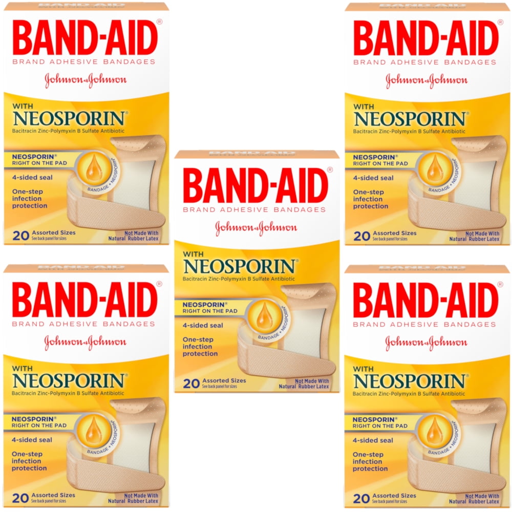 5 Pack Band Aid Plus Neosporin Bandages Assorted Sizes 20 Each