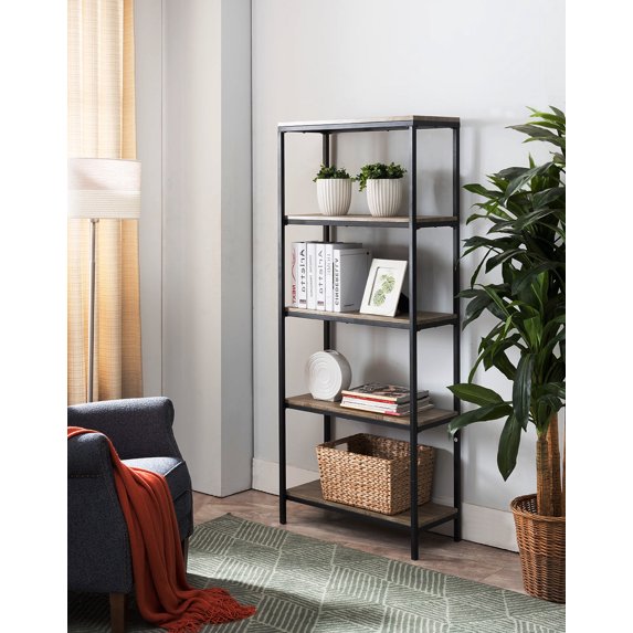 Gray Wood & Black Metal Frame Transitional 5 Tier Shelf Storage ...