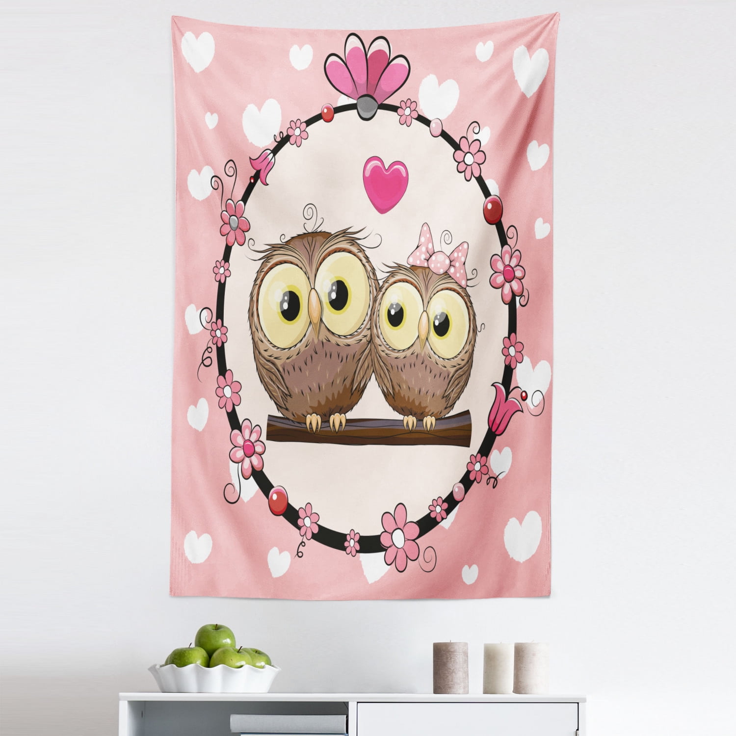 Owls Tapestry, Owl Couple on Tree Branch Floral Wreath Celebrations ...