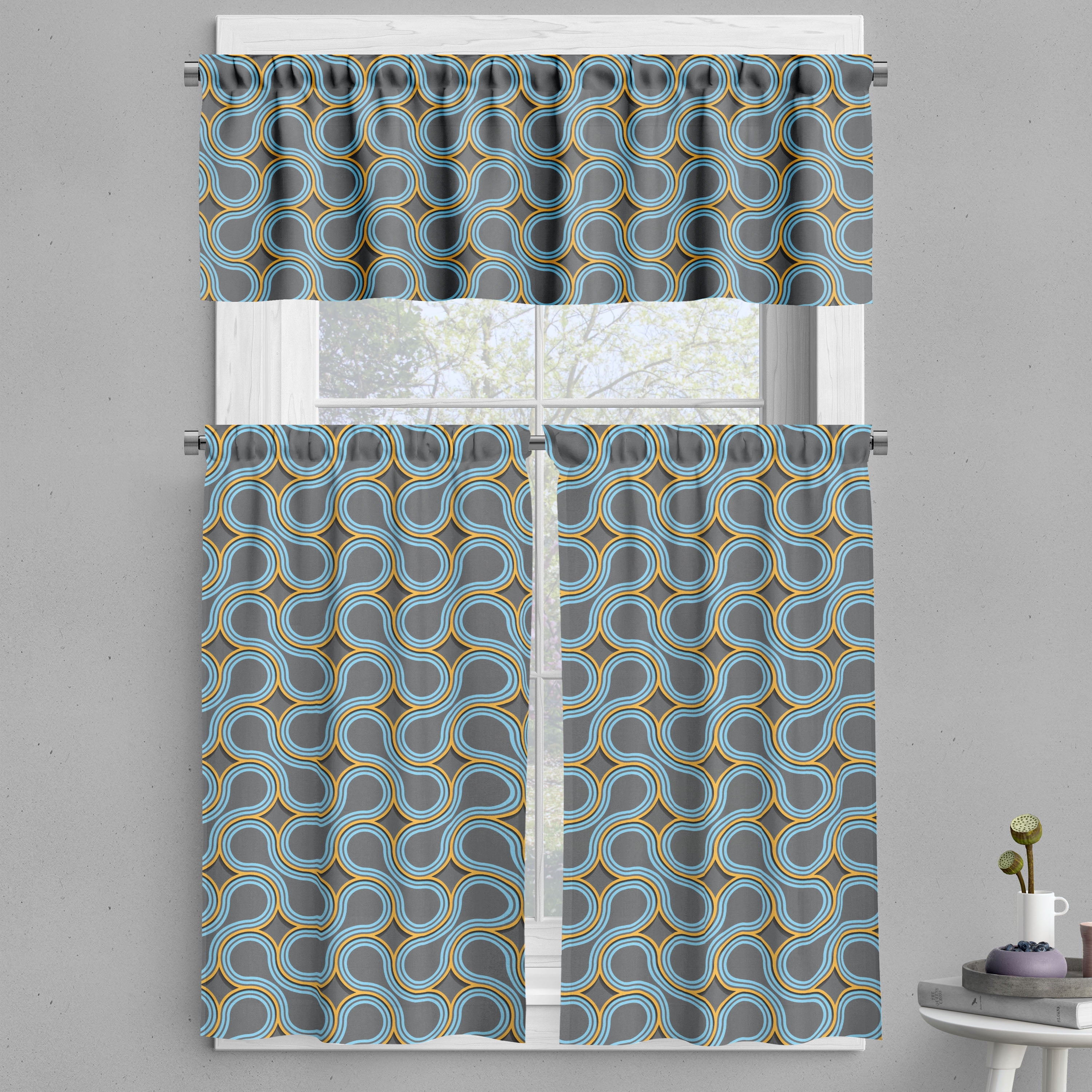 Modern Valance & Tier Curtain 3 pcs Set, Geometric Pattern with Twisted ...