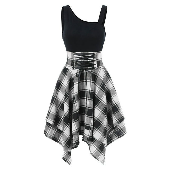 Rydcot Women Sleeveless Cold Shoulder Cross Lace Up Plaid Print