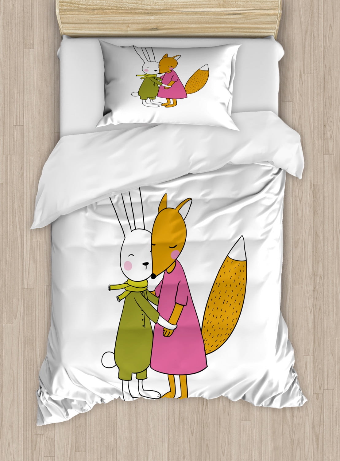 Animal Twin Size Duvet Cover Set, Fox and Hare Friendly Forest Wildlife ...