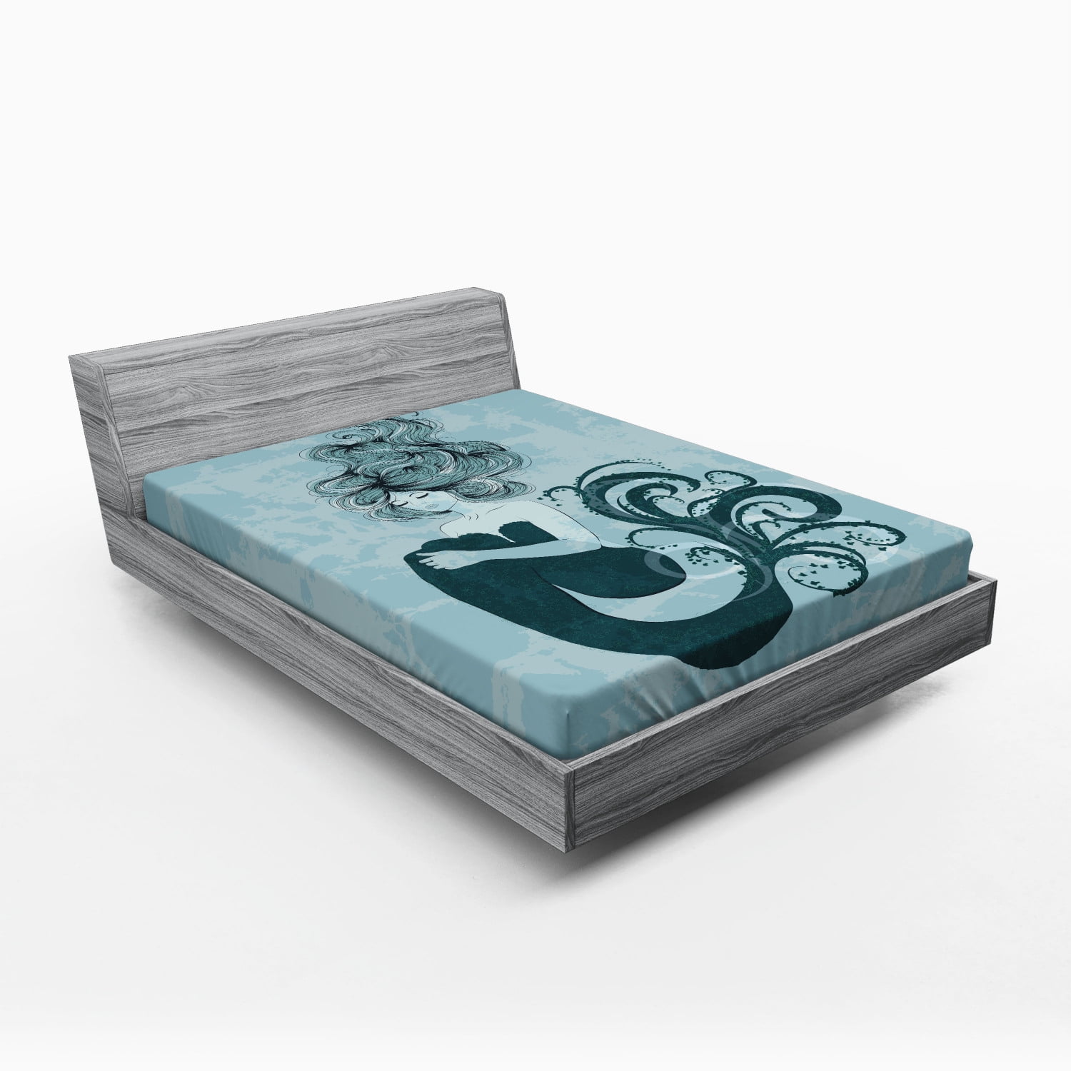 Mermaid Fitted Sheet, Sleeping Mermaid Design with Wavy Hair Hand Drawn ...