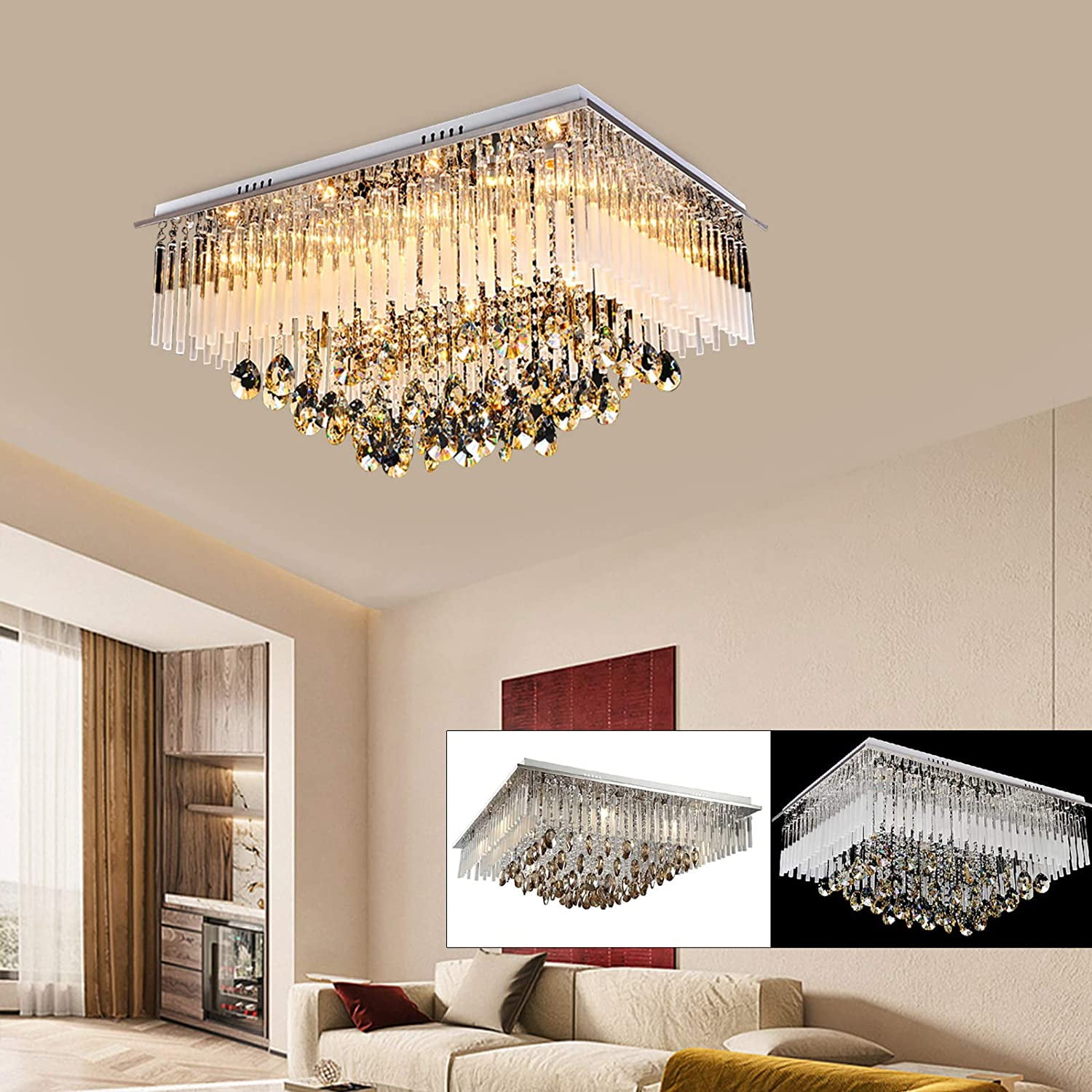 FETCOI, Luxury Crystal Chandelier LED Ceiling Light Lamp with Remote ...