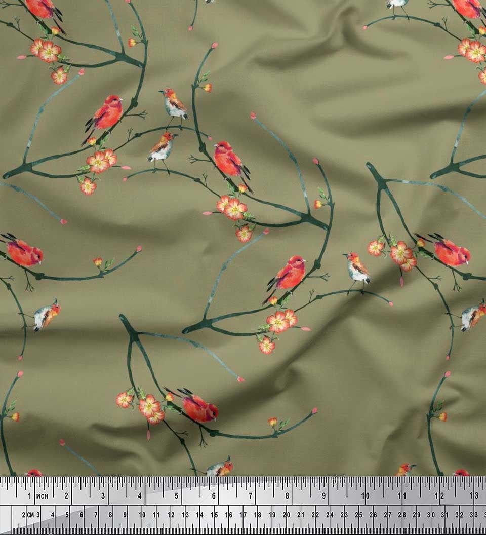 Soimoi Green Satin Silk Fabric Branch,Floral & American Robin Bird ...