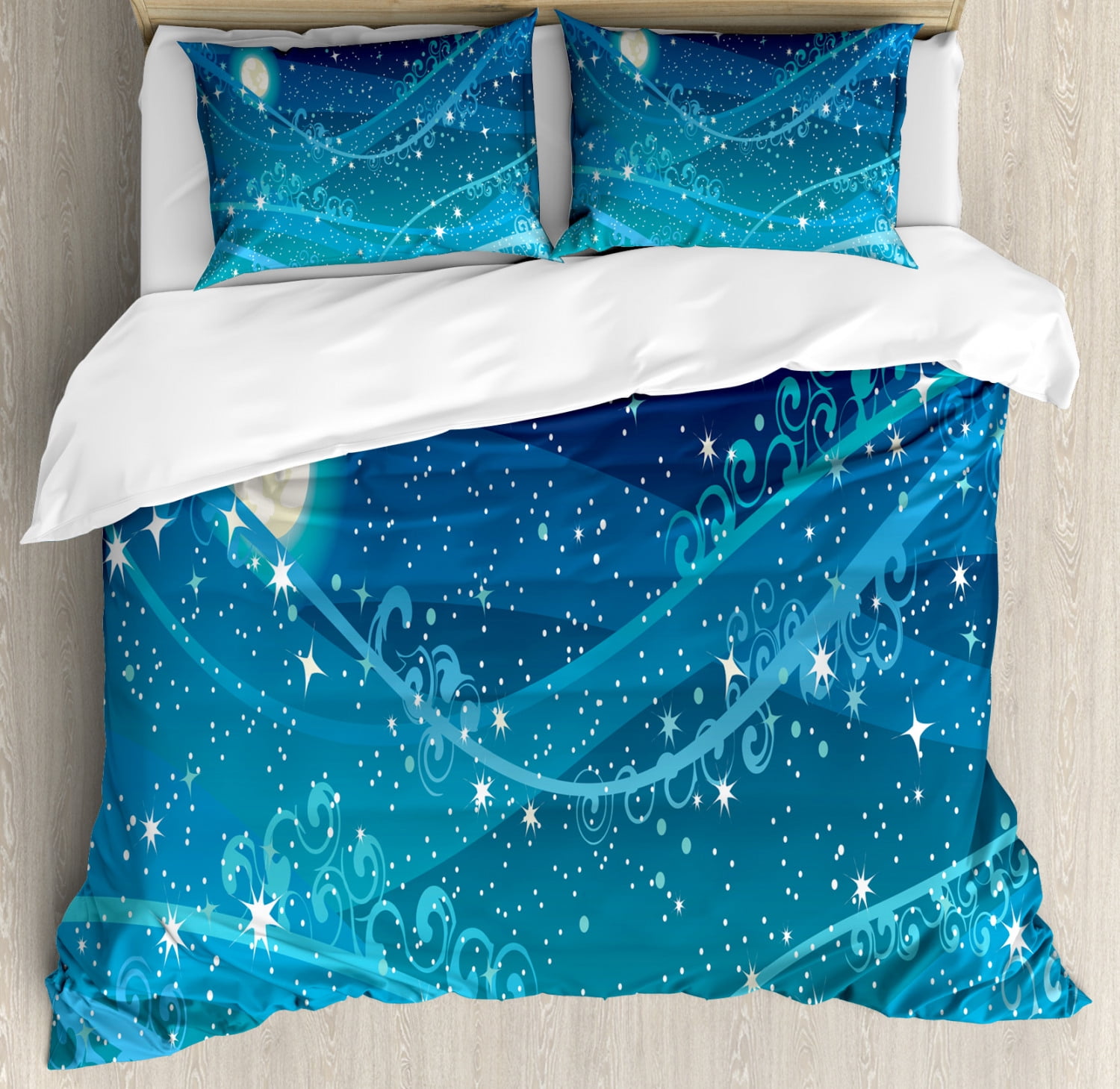 Starry Night King Size Duvet Cover Set, Night Sky with Full Moon ...