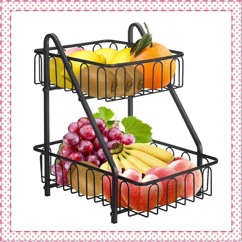 2-Tier Metal Rectangle Fruit Basket with handle for Kitchen Countertop ...