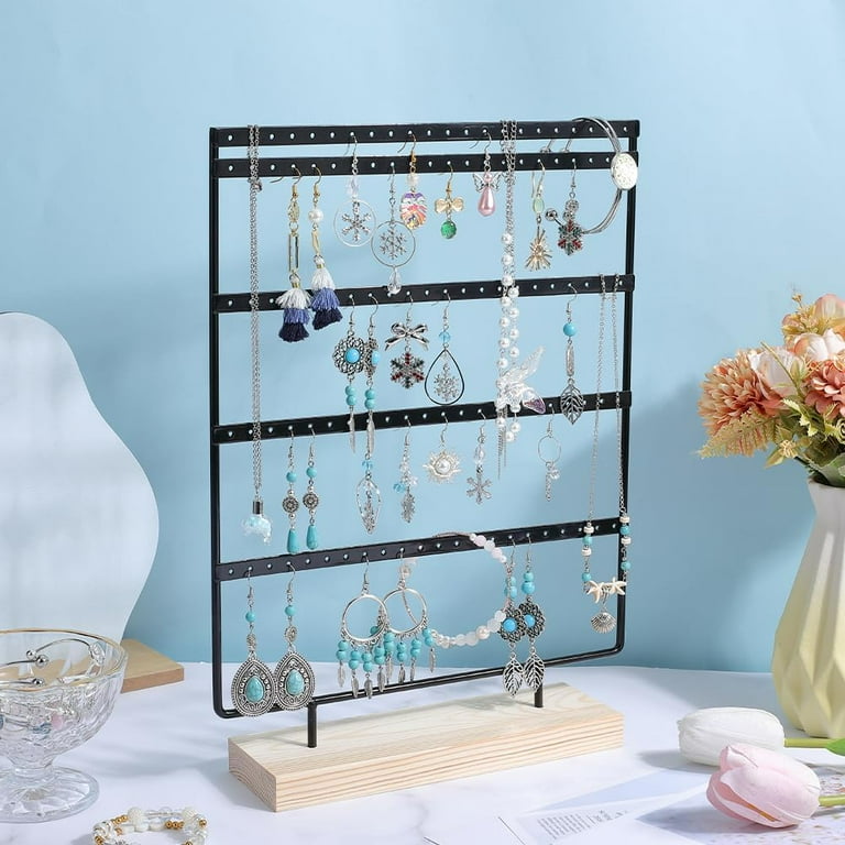 Large Earring Holder Display 14.6 inch Black Earring Holder Organizer Earring Stand 5 Tier 110 Hole Solid Wood Base Earrings Stand Jewelry Rack