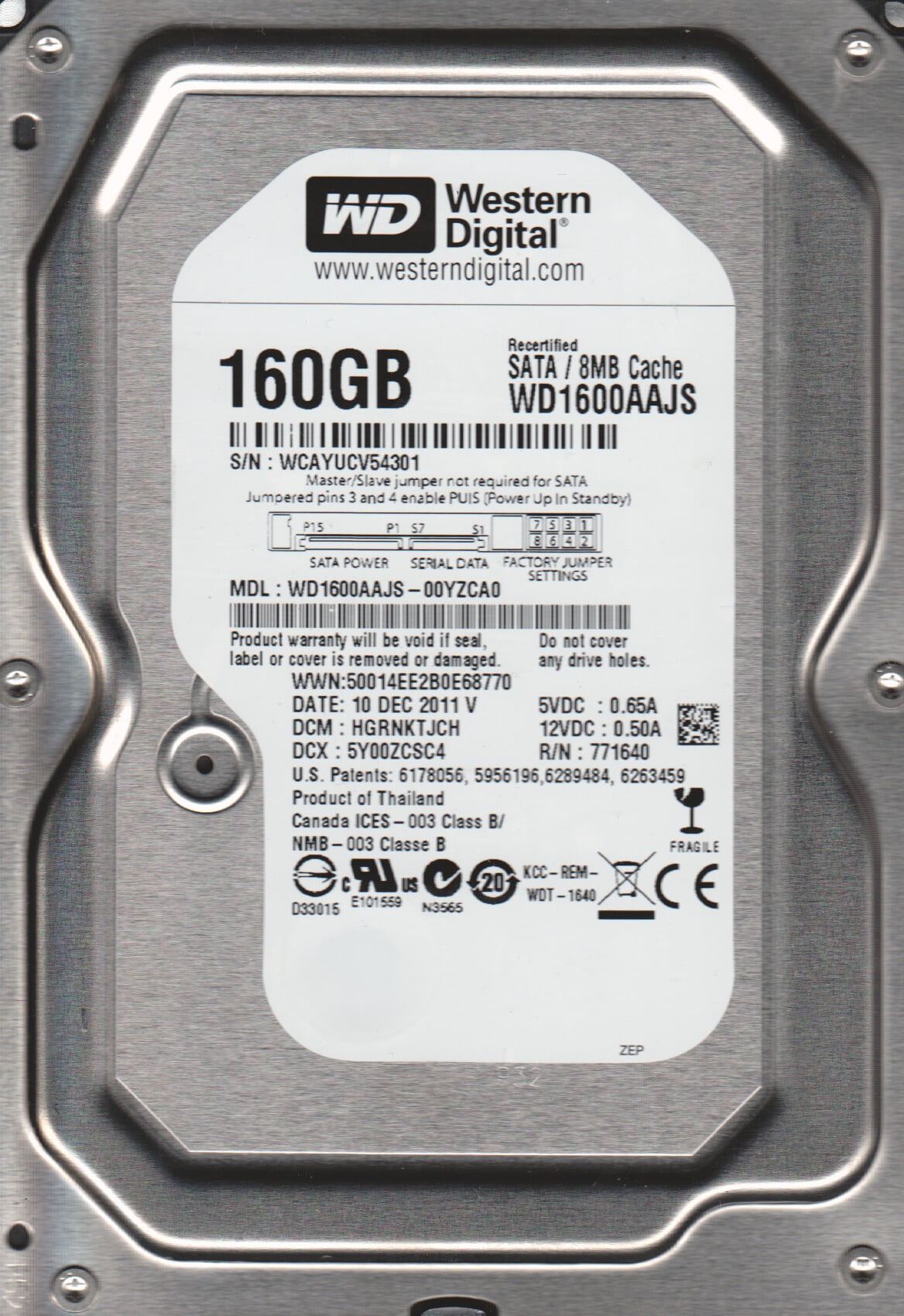 WD1600AAJS-00YZCA0, DCM HGRNKTJCH, Western Digital 160GB SATA 3.5 Hard ...