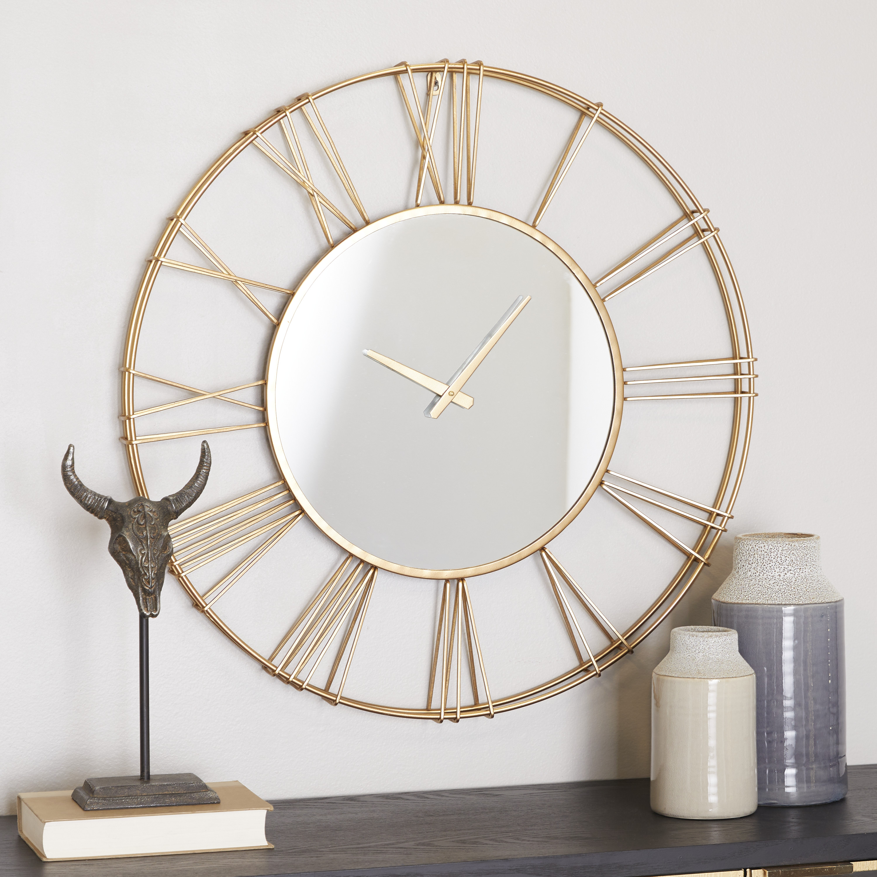 DecMode 30" Gold Metal Open Frame Wall Clock with Center Mirror ...