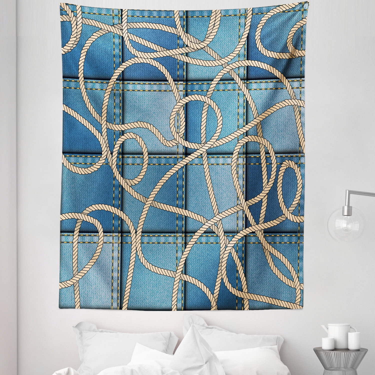 Blue Tapestry, Various Patches of Denim in Sea with Sailor Knot on ...