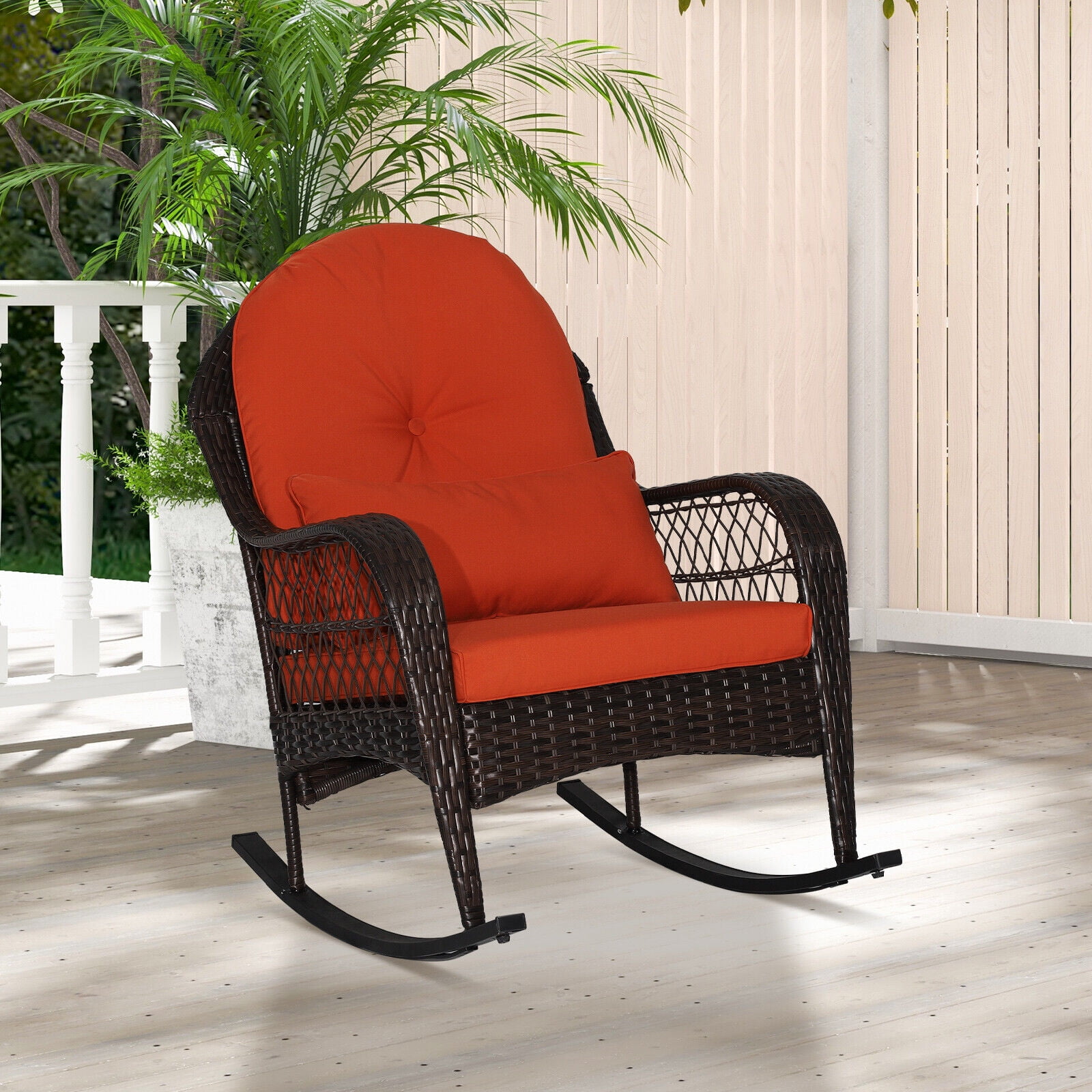 FONIRRA Patio Wicker Rocking Chair with Seat Back Cushions & Lumbar ...