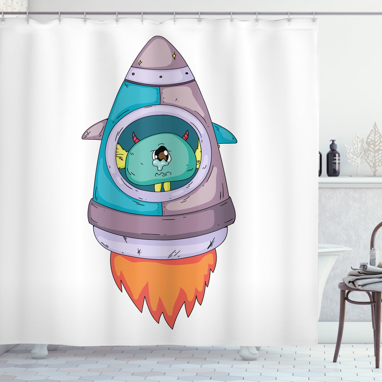 Alien Shower Curtain, Upset Little Cartoon Character Sitting Inside a ...