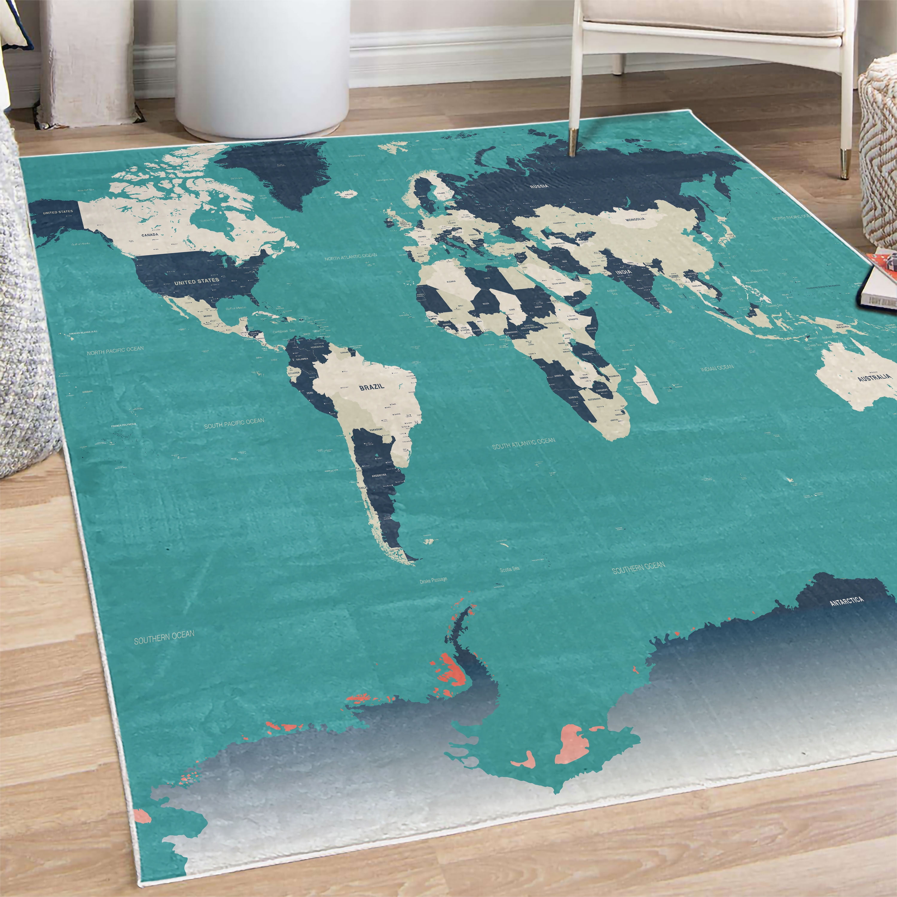 Earth Decorative Rug, Detailed World Map with All Countries Major ...