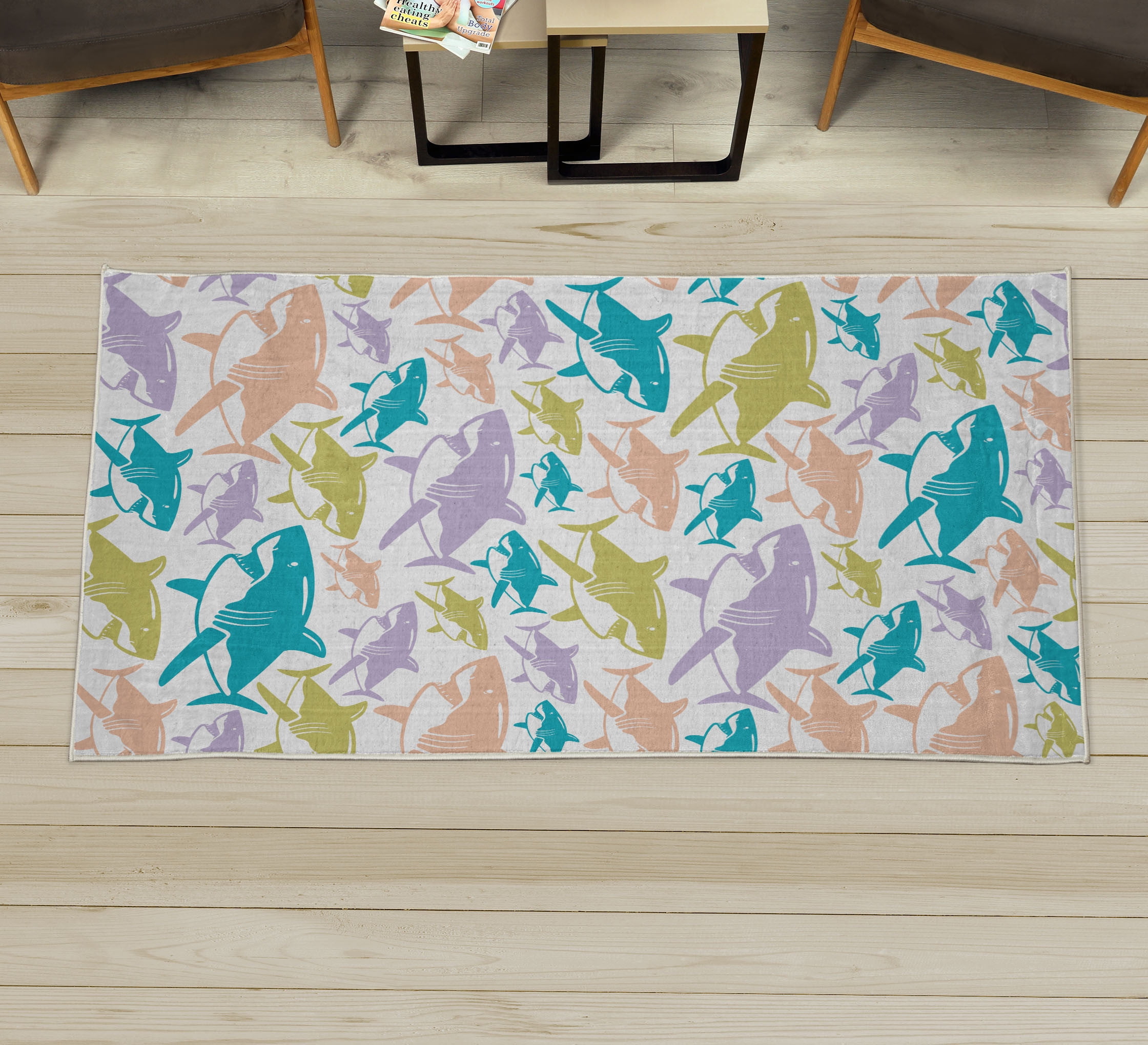 Shark Decorative Rug, Colorful Underwater Fish Pattern Masters Survival ...