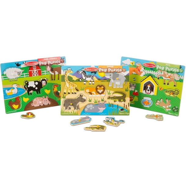 Melissa & Doug World of Animals Wooden Peg Puzzles Set - Pets, Farm ...