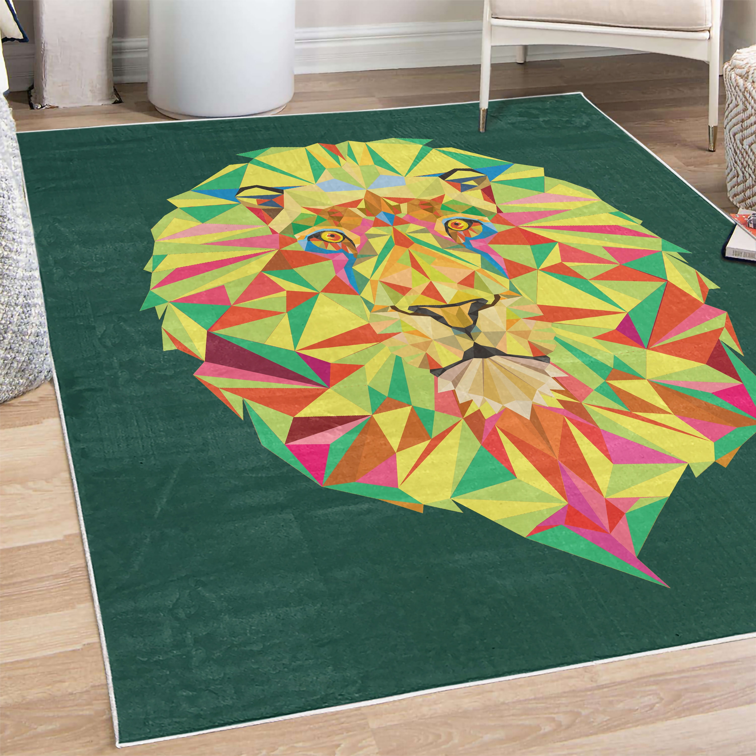 Zoo Decorative Rug, Colorful Animals Geometric Diamond Face Lions Mane ...