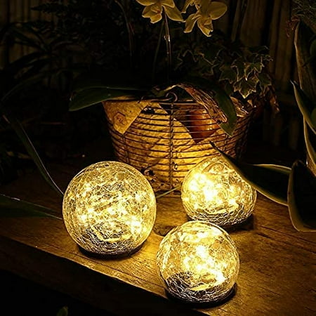 S M L 3 Pack Garden Solar Ball Lights Globe Cracked Glass Outdoor Lamp ...
