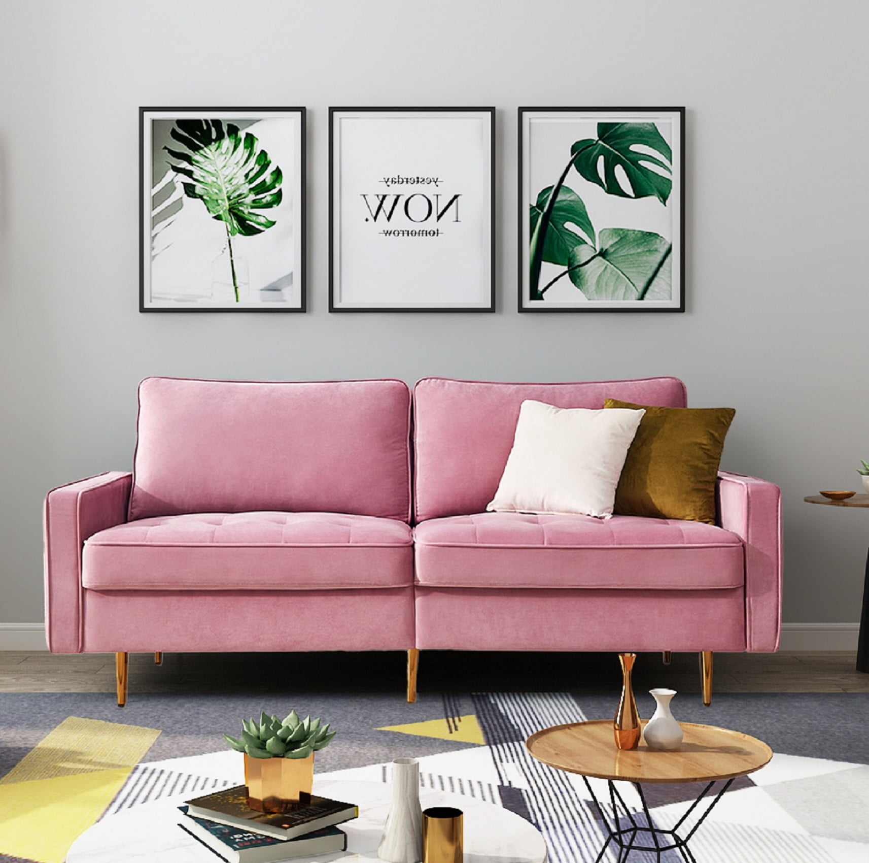 Velvet Fabric Sofa Couch, 70 inch Wide Mid Century Modern Living Room ...