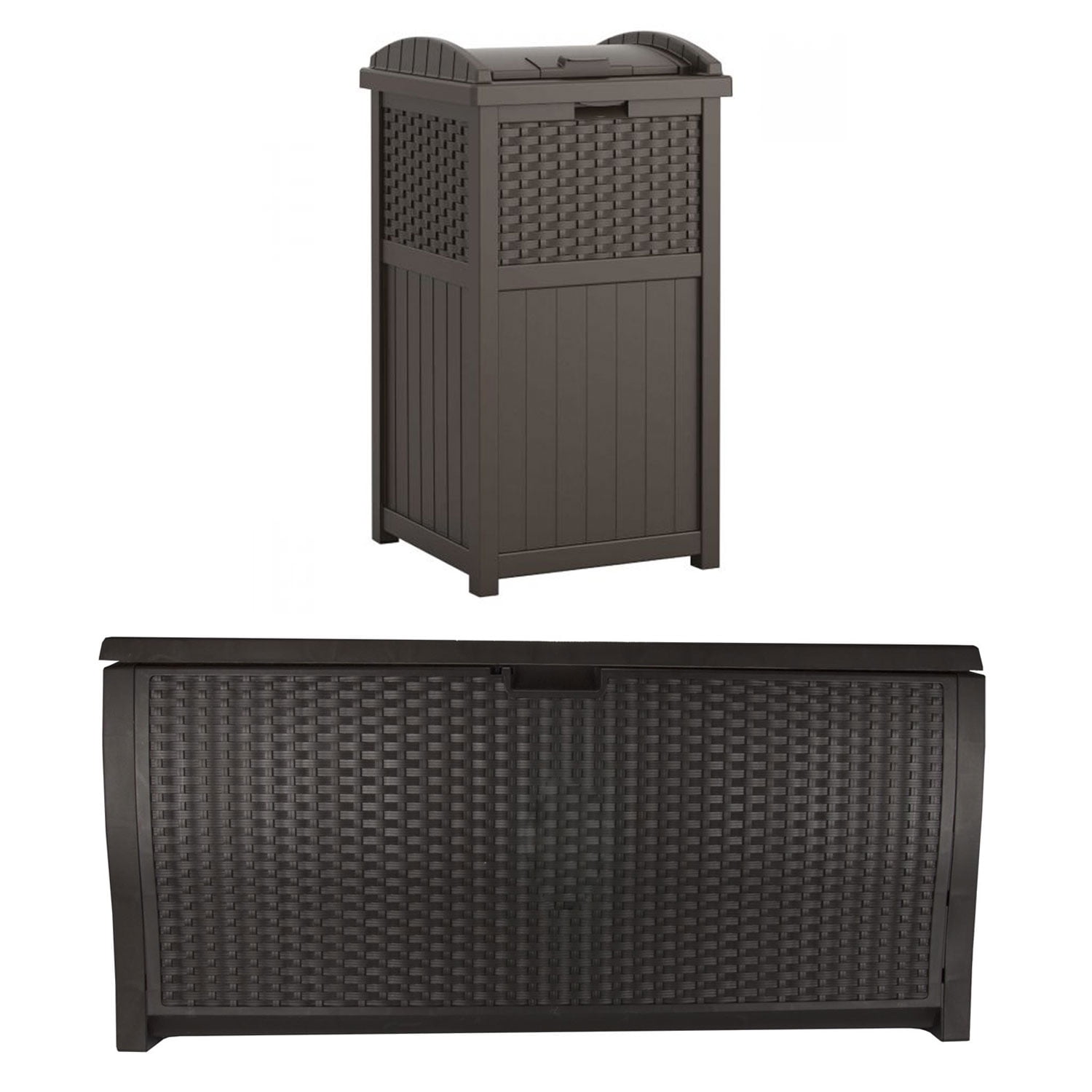 Suncast Trash Hideaway Resin Wicker Style Garbage Bin & 99 Gallon Deck ...