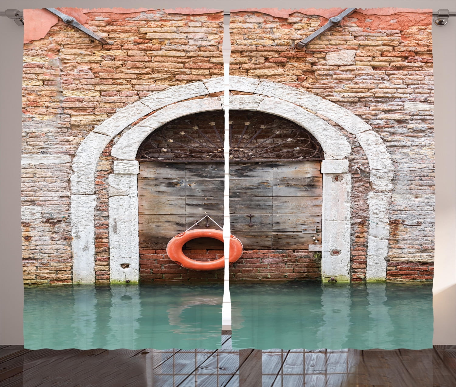 Rustic Curtains 2 Panels Set, Timber Door with Lifebuoy in Venice ...