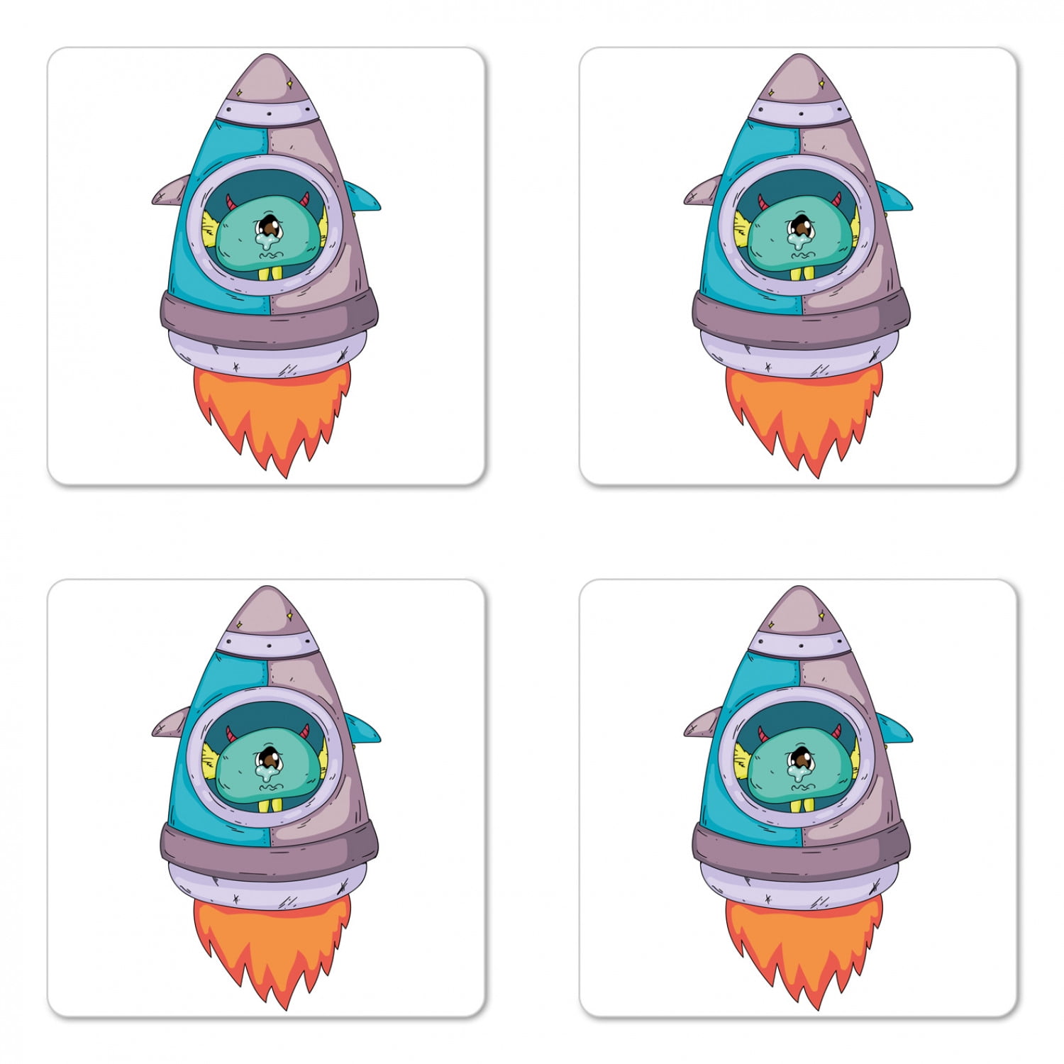Alien Coaster Set of 4, Upset Little Cartoon Character Sitting Inside a ...