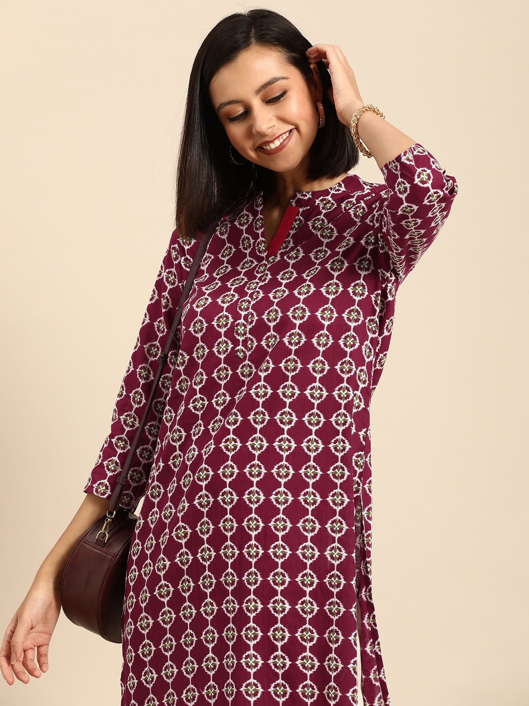 Anouk By Myntra Women Indian Kurta Cotton Maroon Ethnic Motifs