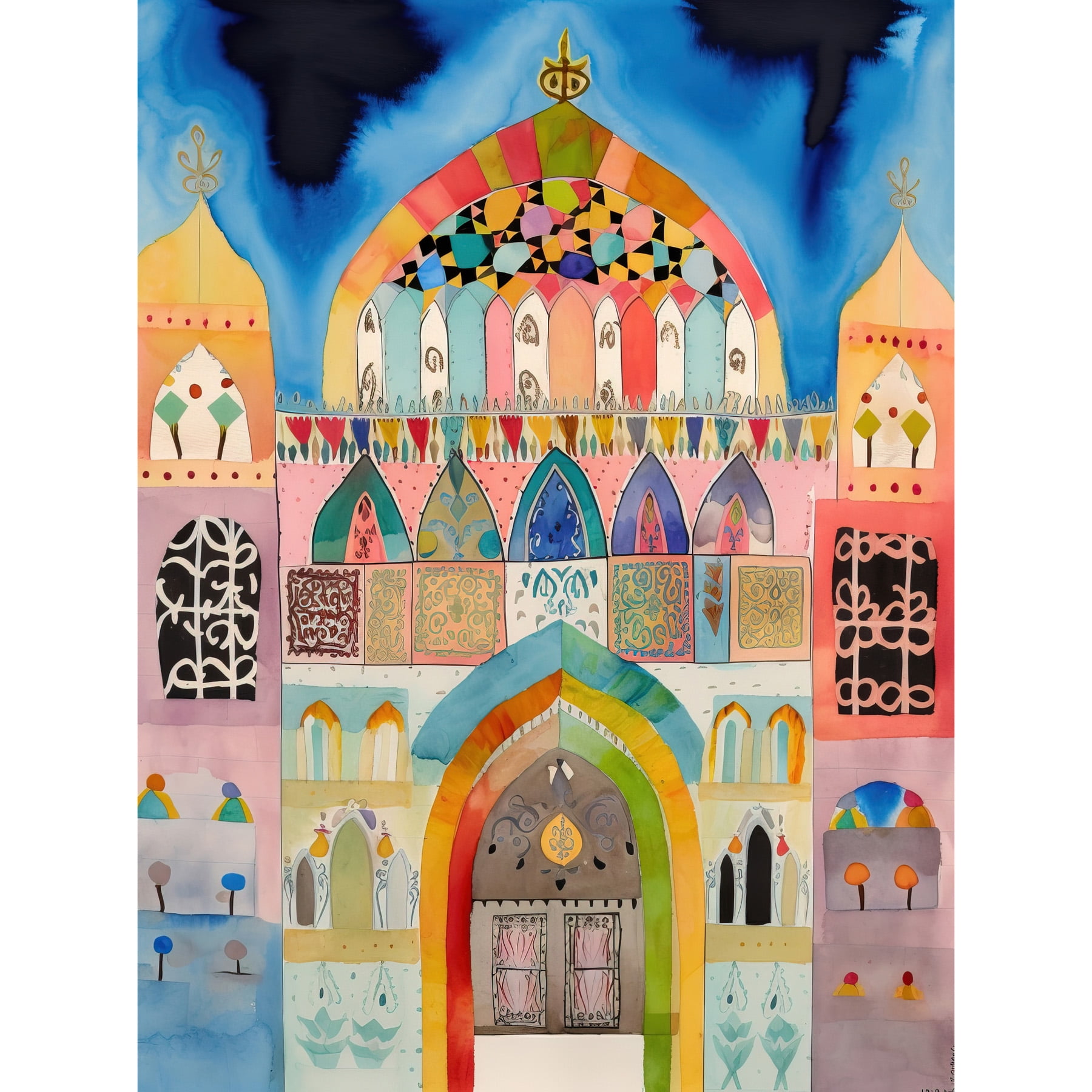Jewish Synagogue Decorated Facade Folk Art Watercolour Painting ...