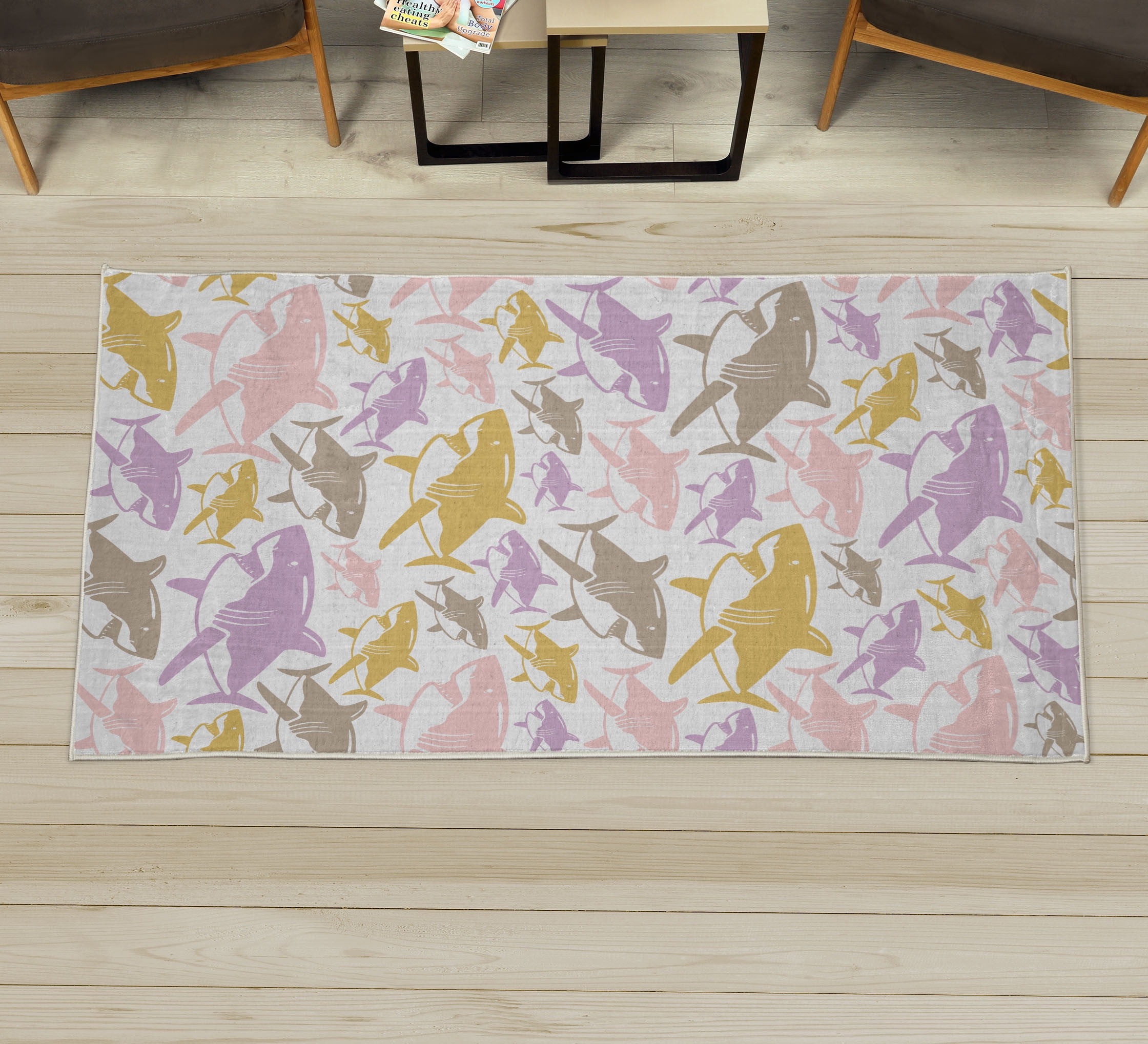 Shark Decorative Rug, Colorful Underwater Fish Pattern Masters Survival ...