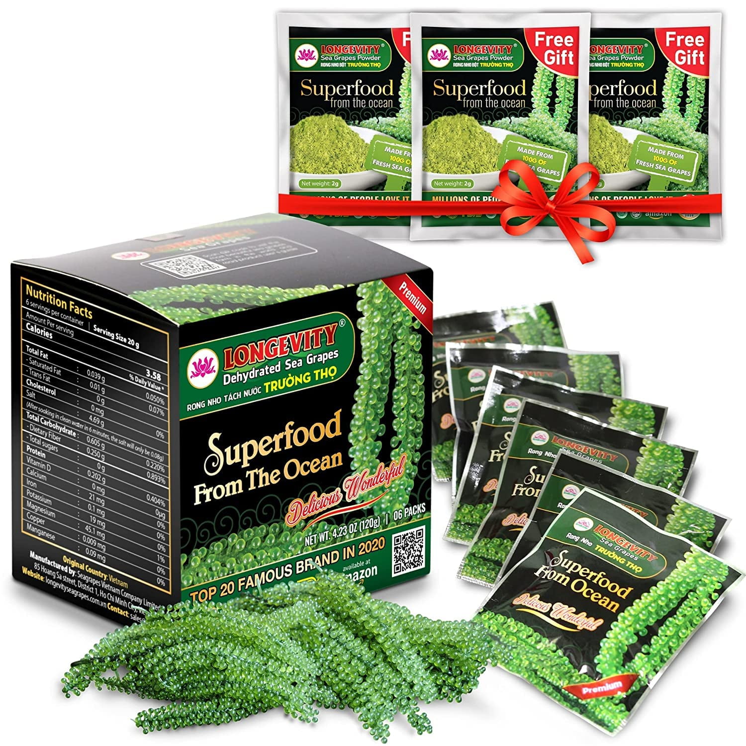 Longevity Dehydrated Sea Grapes, 4.23 oz of 6 packs, - Umibudo Green ...